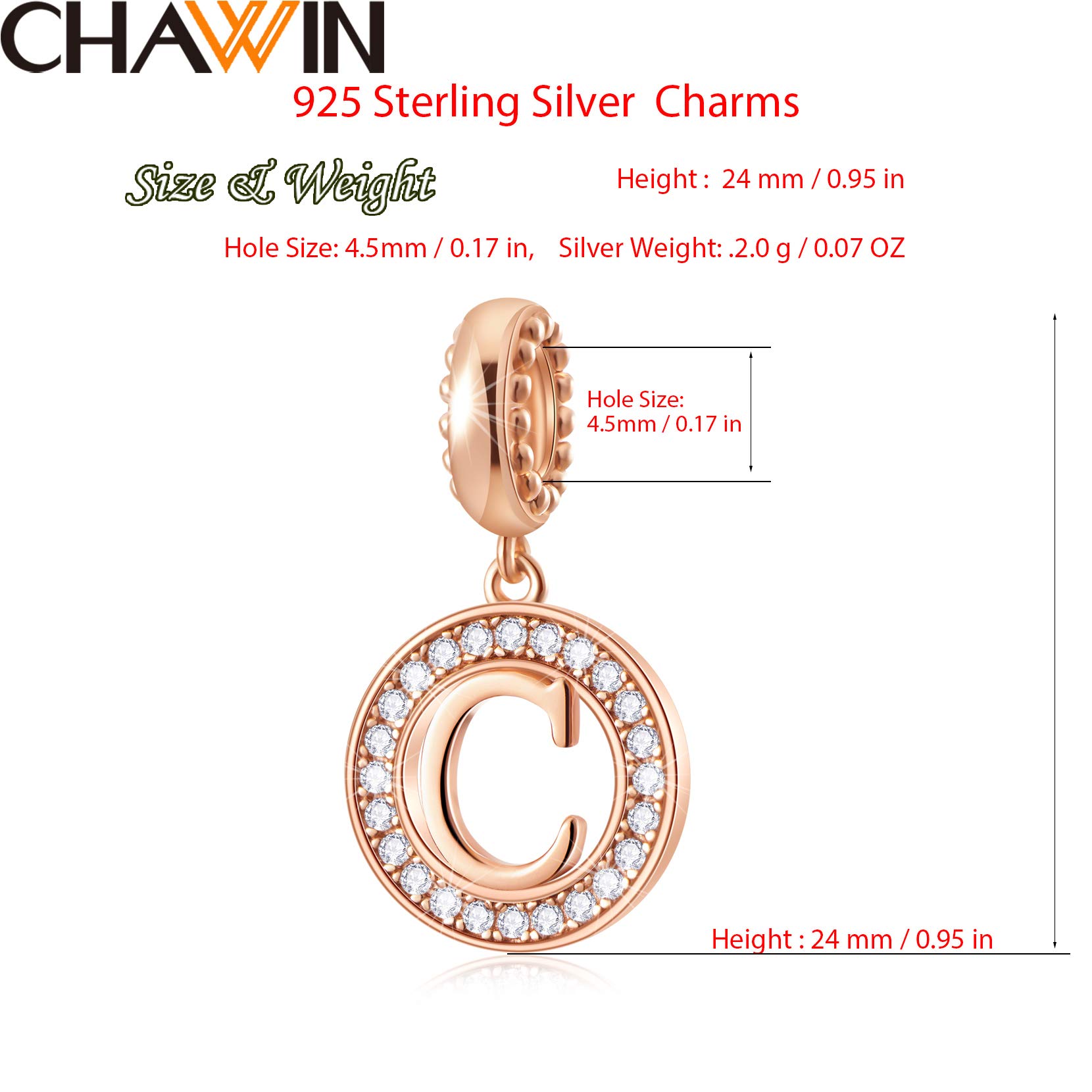 CHAWIN Initial C Letter Charms, Alphabet Charms Rose Gold, Authentic 925 Sterling Silver Charms fit Pandora Charm Bracelets, Necklace, Circle Dangle Charm Gift for Women, Sparkling Clear Stones