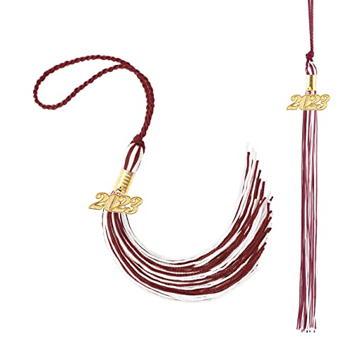2PCS 2023 Graduation Tassels, 2023 Year Graduation Tassel with Gold 2023 Year Charm, Graduation Hat Decoration Tassel for Graduates, 2023 Tassel for Graduation Party Ceremonies Gift(Maroon and White)
