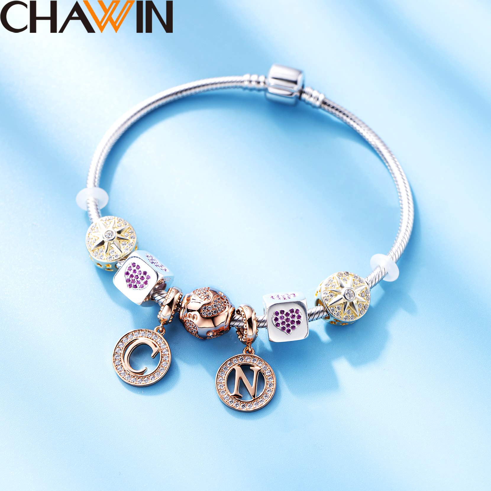 CHAWIN Initial C Letter Charms, Alphabet Charms Rose Gold, Authentic 925 Sterling Silver Charms fit Pandora Charm Bracelets, Necklace, Circle Dangle Charm Gift for Women, Sparkling Clear Stones