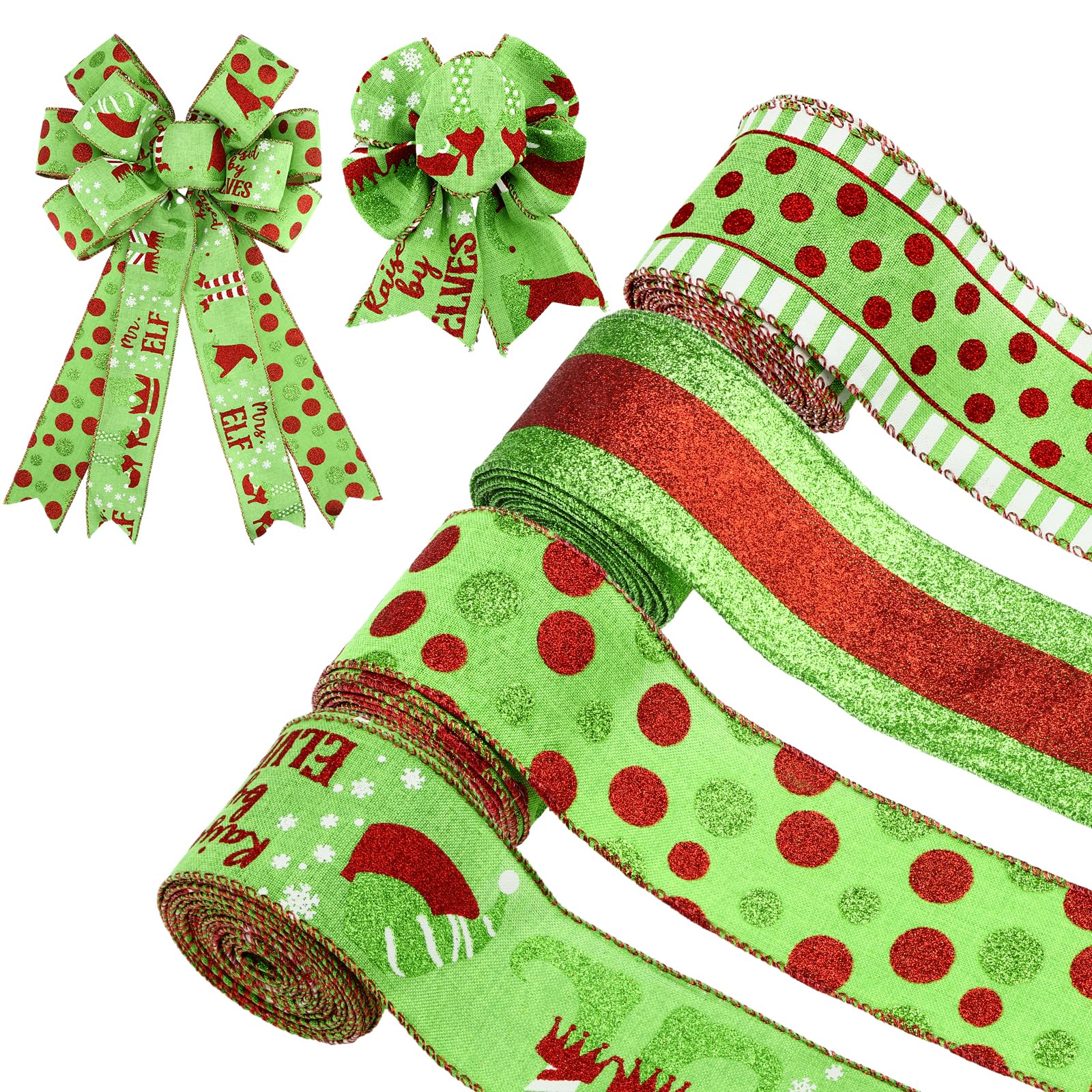 Lyrow 40 Yards Christmas Glitter Wired Edge Ribbon Xmas 2.5 Inch Polka Dot Green Red Elf Hat Craft Ribbon Burlap Decorative Ribbon for Christmas Tree Wreath Wrapping DIY Craft Gifts