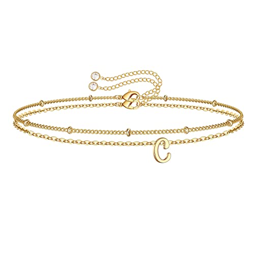 Gold Layered Initial Bracelets for Women, 14K Gold Filled Cute Layering Letter C Bracelet Personalized Layered Initial Jewelry Gold Bracelets for Women Teen Girls Gifts(C)