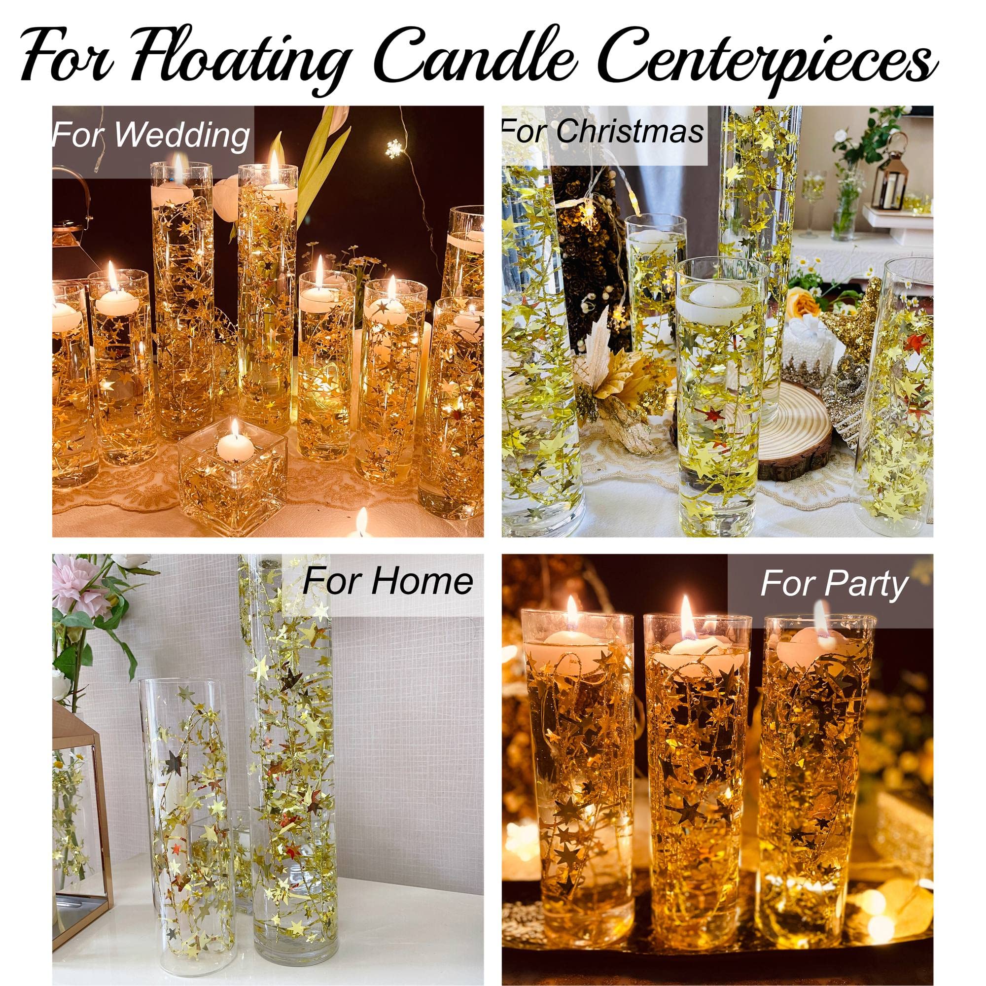 TeaSu Star Strings for Gold Floating Candle Centerpieces for Table Wedding Christmas, 12 Pcs 38 Inch Submersible Vase Filler for Water Centerpiece - Gold