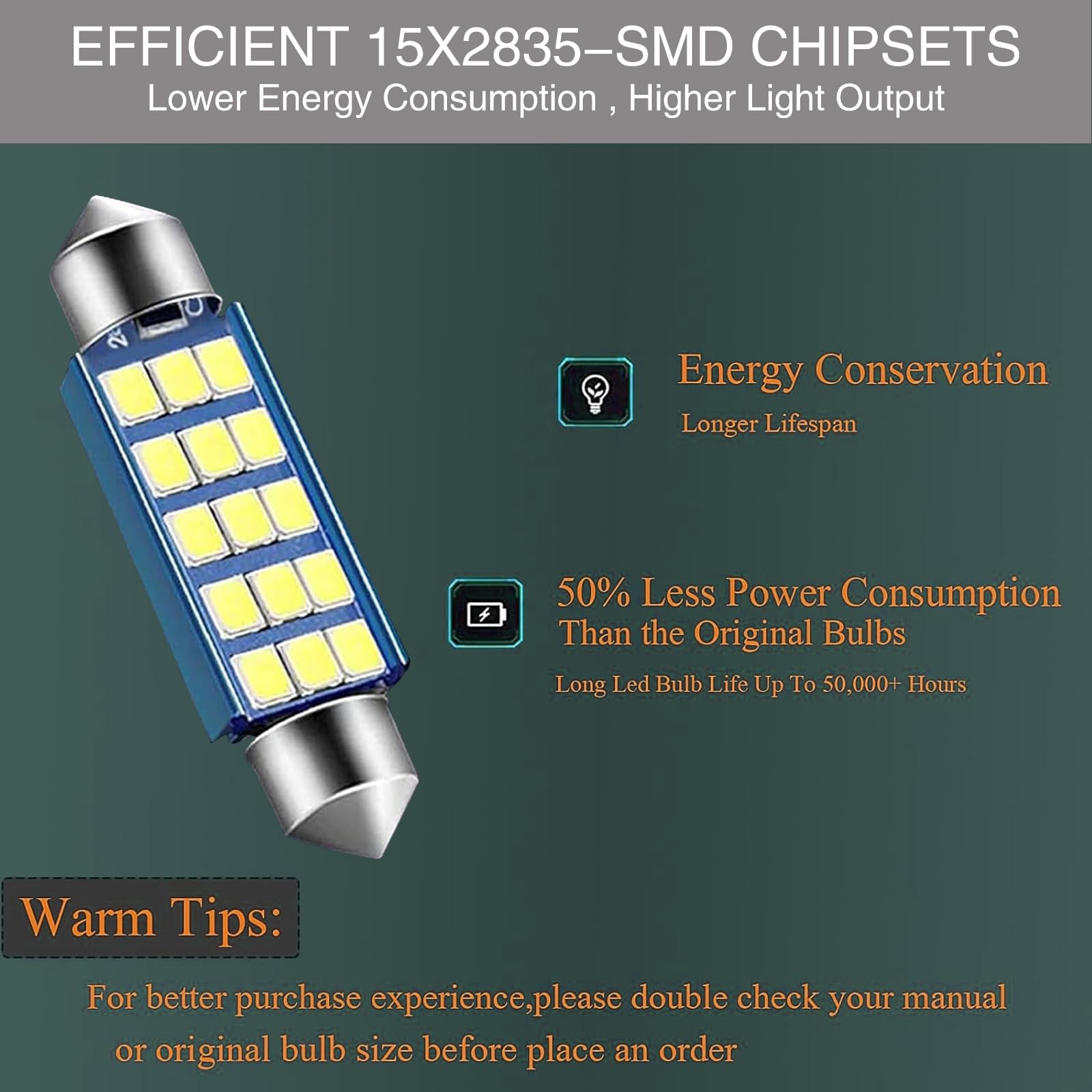 UGSHY 2 PCS Car LED Extremely Bright Bulbs, 1.6" 6000K 2835 Chipsets 1200LM Bulbs for LED Interior Dome Map Door Lights 211-2 212-2 569 6411 6451 41mm 42mm (White)
