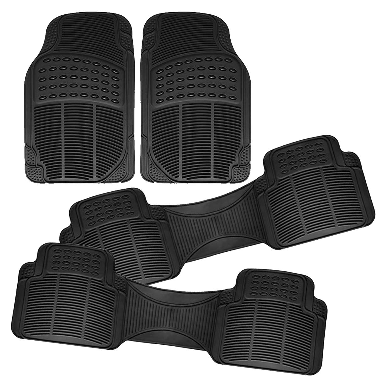 Car SUV Floor Mat by Vaygway - 4 Piece Heavy Duty Set - 3 Row Vehicle All Weather Floor Mats - Black Trimmable Universal Fit Rubber Rug for Car Truck Van SUV