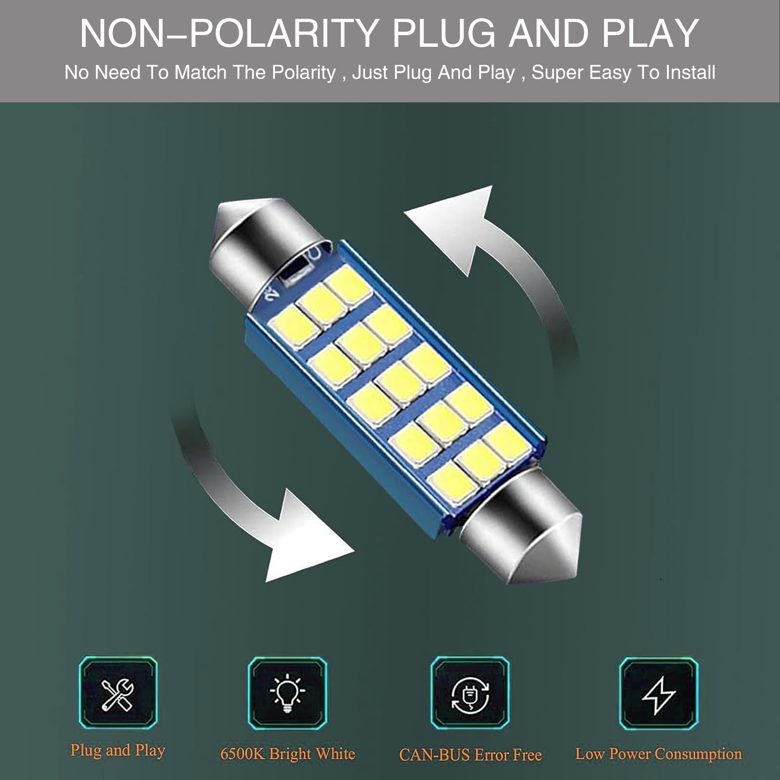 UGSHY 2 PCS Car LED Extremely Bright Bulbs, 1.6" 6000K 2835 Chipsets 1200LM Bulbs for LED Interior Dome Map Door Lights 211-2 212-2 569 6411 6451 41mm 42mm (White)