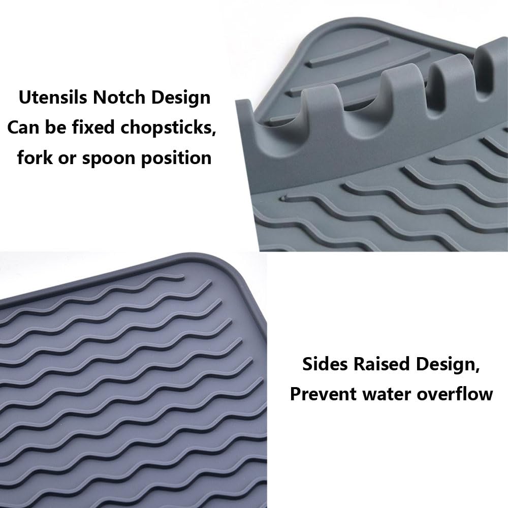 Silicone Dish Drying Mats with Utensils Holder, Heat Resistant Dish Drying Mat for Kitchen Counter, Non-slip Quick Dry Pad for Washing Dishes, Multiple Utensils Sink Dish Drying Mat with Spoon Rest