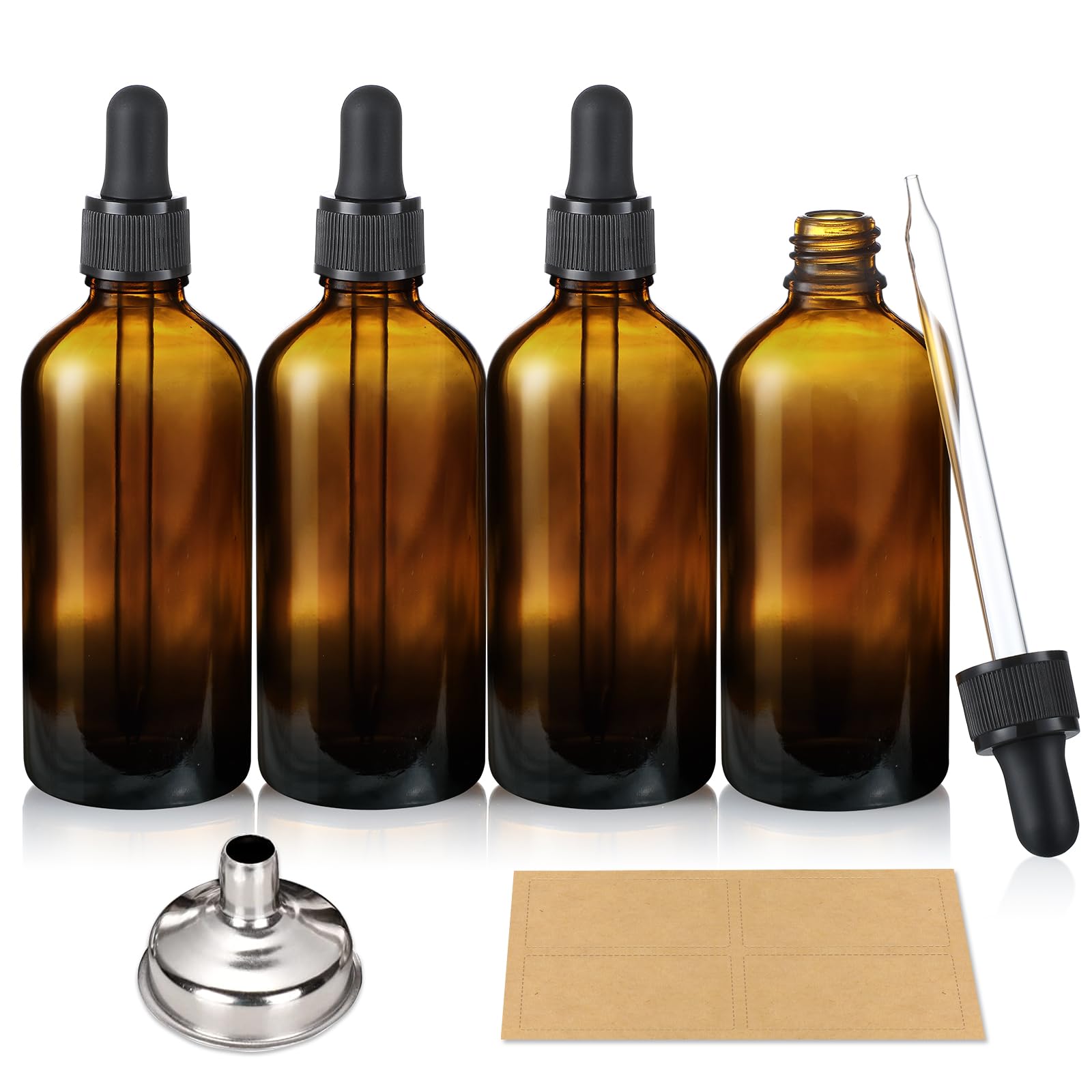AOZITA 4 Pack, 4.5oz Amber Glass Dropper Bottles with 1 Funnel & 4 Lables - 135ml Dark Brown Tincture Bottles with Eye Droppers - Leakproof Travel Bottles For Essential Oils, Liquids