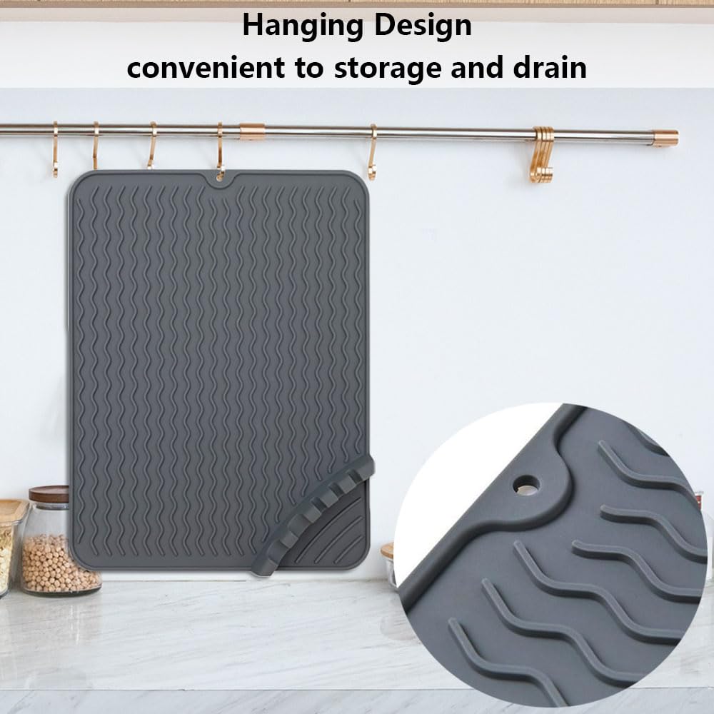 Silicone Dish Drying Mats with Utensils Holder, Heat Resistant Dish Drying Mat for Kitchen Counter, Non-slip Quick Dry Pad for Washing Dishes, Multiple Utensils Sink Dish Drying Mat with Spoon Rest