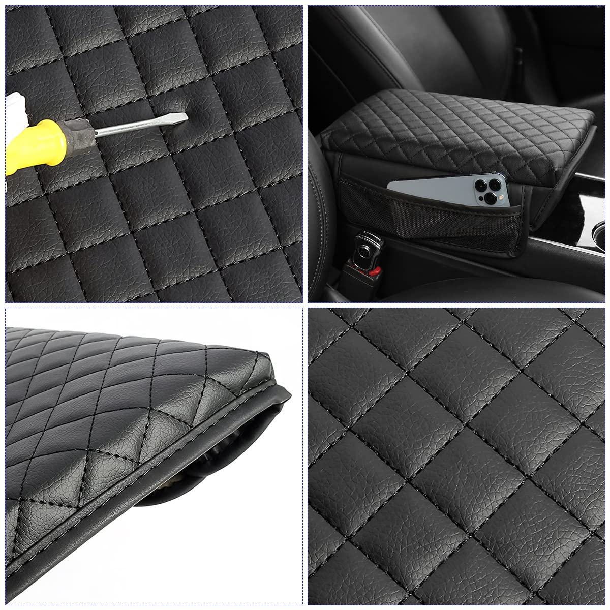 XINLIYA Car Armrest Cushion, Carbon Fiber Leather Auto Center Console Pad, Memory Foam Armrest Box with Storage Bag, Hand Rest Pillow with Organizer Pockets, Universal Fit for Most Vehicles