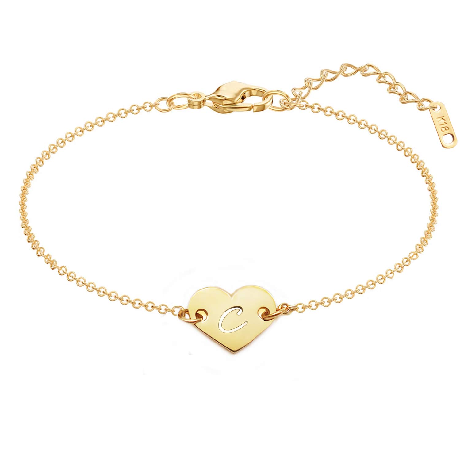 Heart Initial Bracelet 18K Gold Plated Stainless Steel Lovely Heart Charm Bracelet Dainty Small Letter Bracelet Personalized Monogram Name Bracelet for Women