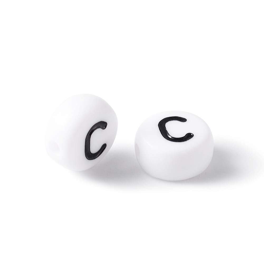 Pandahall 100Pcs Letter Beads 7x4mm White Flat Round with Letter C Acrylic Beads for Jewelry Making
