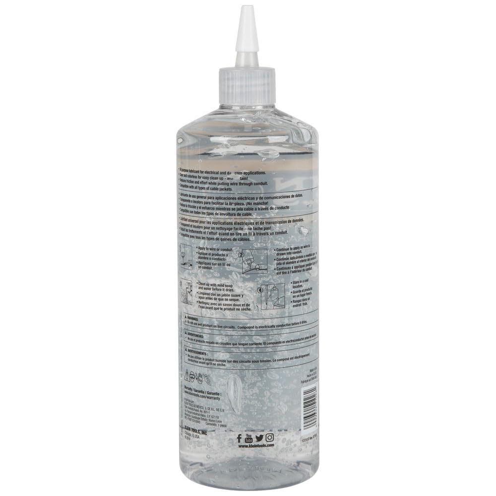 Klein Tools 51028 Premium Synthetic Clear Electrical Cable Lubricant, 1-Quart Squeeze Bottle, Made in USA