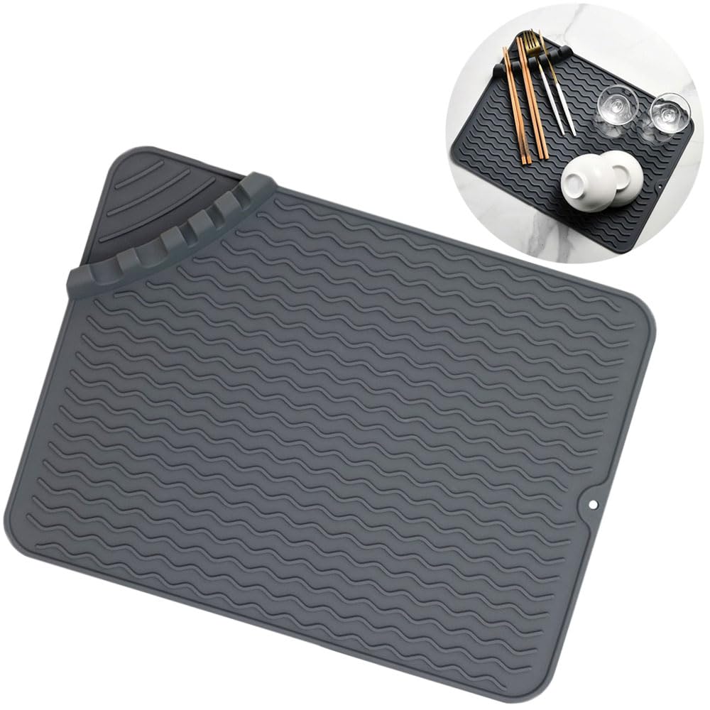 Silicone Dish Drying Mats with Utensils Holder, Heat Resistant Dish Drying Mat for Kitchen Counter, Non-slip Quick Dry Pad for Washing Dishes, Multiple Utensils Sink Dish Drying Mat with Spoon Rest