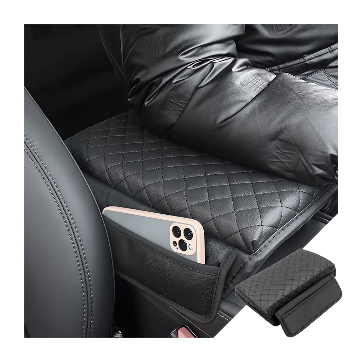 XINLIYA Car Armrest Cushion, Carbon Fiber Leather Auto Center Console Pad, Memory Foam Armrest Box with Storage Bag, Hand Rest Pillow with Organizer Pockets, Universal Fit for Most Vehicles