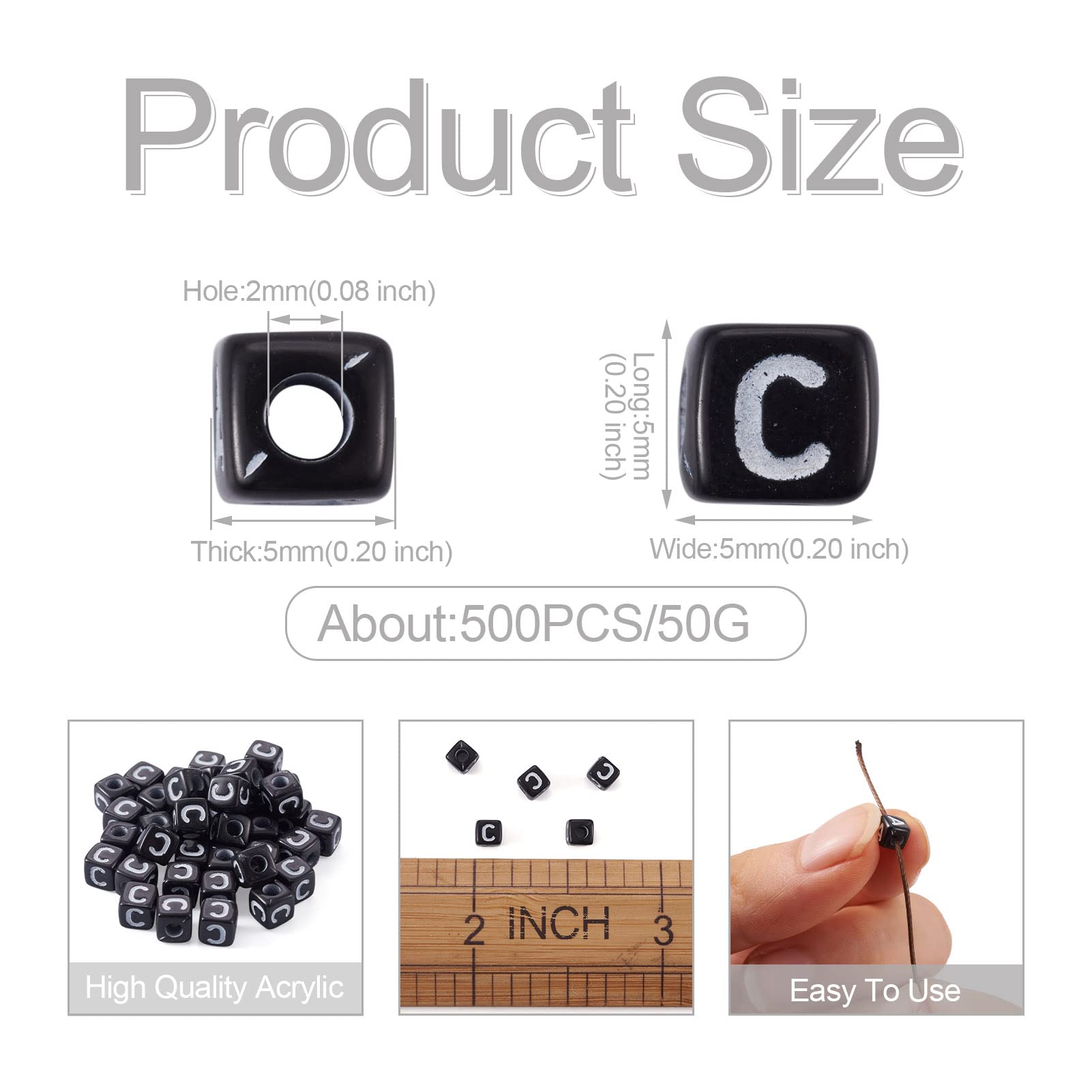 FASHEWELRY 500Pcs Acrylic Cube Letter Beads 5x5x5mm Black Square Letter C Alphabet Beads for DIY Bracelet Necklace Jewelry Making
