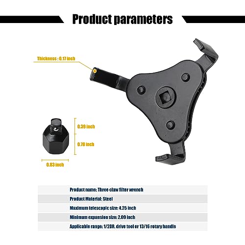 Crynod Pack-1 Car 3 Jaw Wrench, Steel Oil Filter Removal Tool, Automotive Maintenance Tools, 2"-4.2" Adjustable Wrench, Universal for Most Cars, Motorcycles (Black)