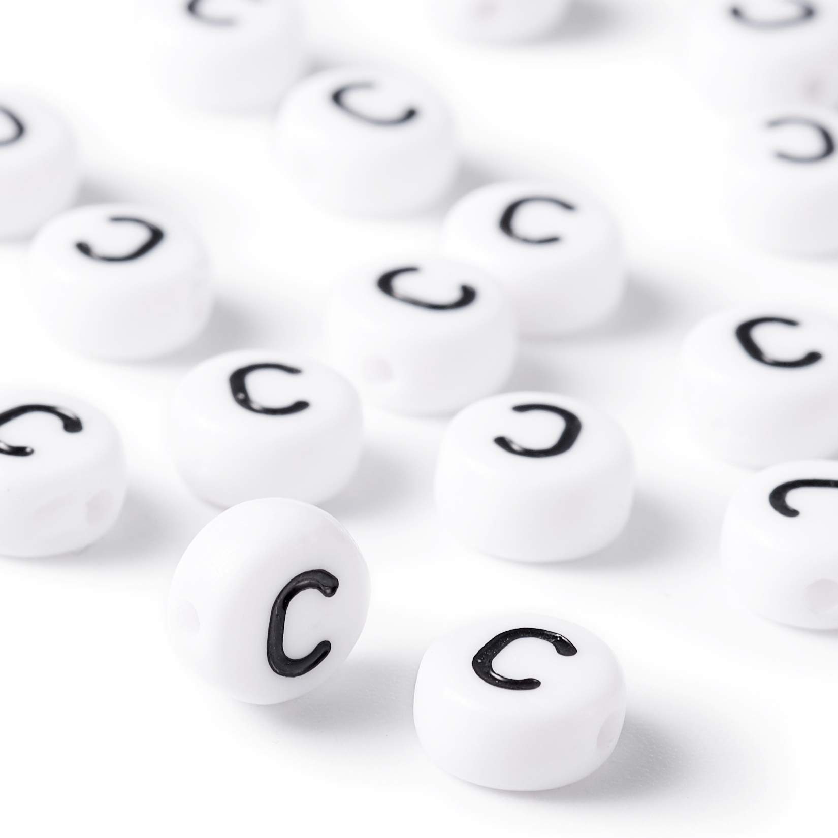 Pandahall 100Pcs Letter Beads 7x4mm White Flat Round with Letter C Acrylic Beads for Jewelry Making
