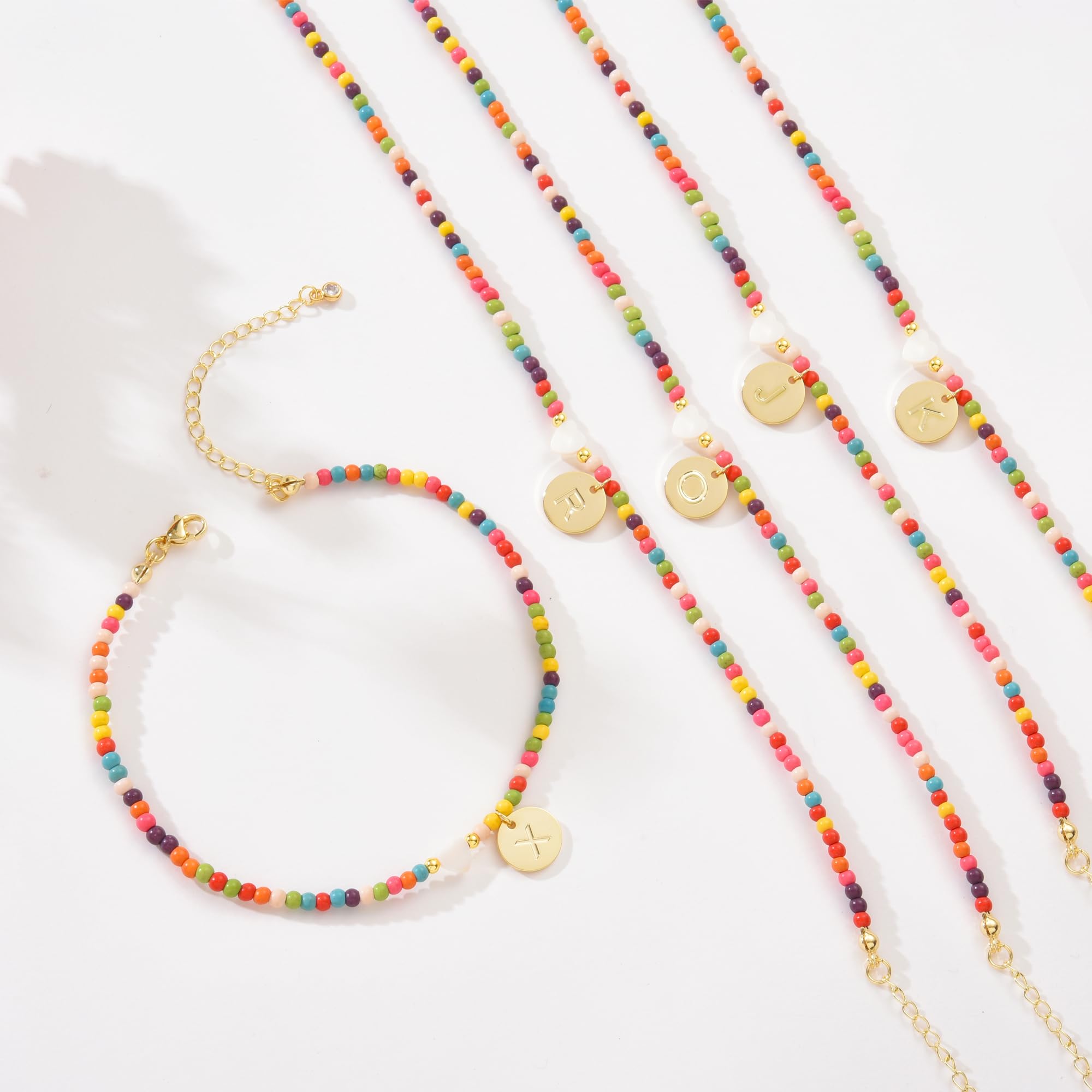 Wremily Initial Anklets for Women Handmade Beaded Ankle Bracelets 14K Gold Letter Initial Heart Anklet Boho Colorful Beads Ankle Bracelets Summer Beach Foot Jewelry Gift