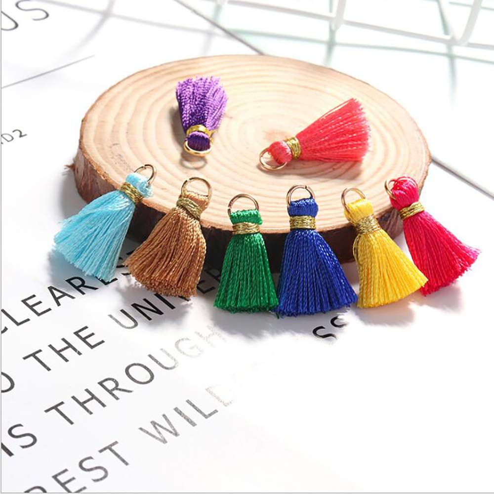 Makhry 50pc 0.8''(2cm) Mini Soft Handmade Silky Floss Tassel with Gold Gold Jump Ring for Woman Earrings, Jewelry Making, Souvenir, DIY Craft Accessory (50, Random)