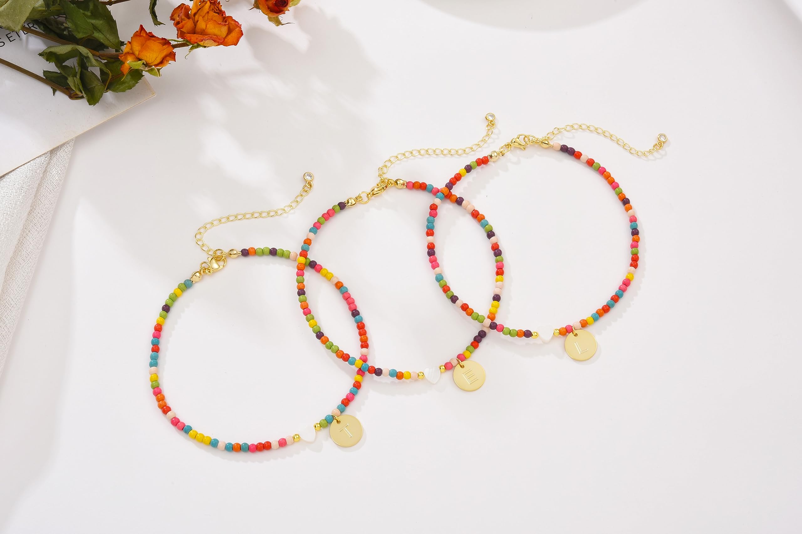 Wremily Initial Anklets for Women Handmade Beaded Ankle Bracelets 14K Gold Letter Initial Heart Anklet Boho Colorful Beads Ankle Bracelets Summer Beach Foot Jewelry Gift