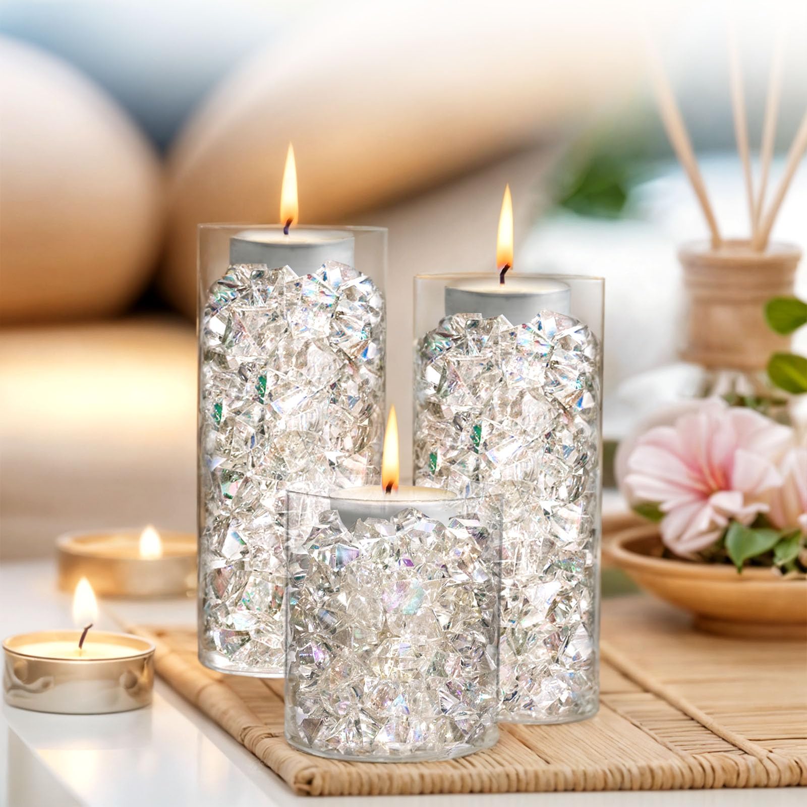 DomeStar Dazzling Fake Ice Rocks - 150PCS Holographic Acrylic Crushed ICES Sparkling Fake Diamonds Iridescent Plastic Clear Gems Marble Vase Fillers & Table Scatter Decoration