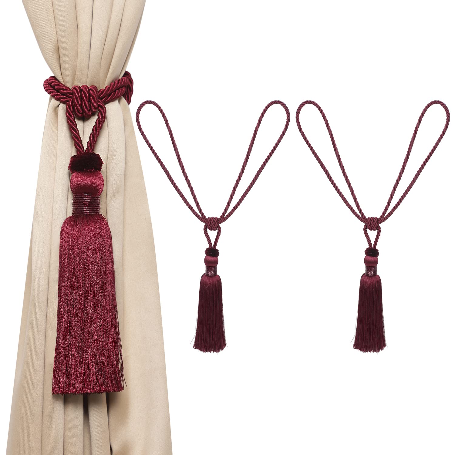 MALOINTEX 2 Pack Curtain Beaded Tassels Tiebacks Tie-Backs, Curtain Handmade Holdbacks, Polyester Beaded Curtain Tieback - Burgandy