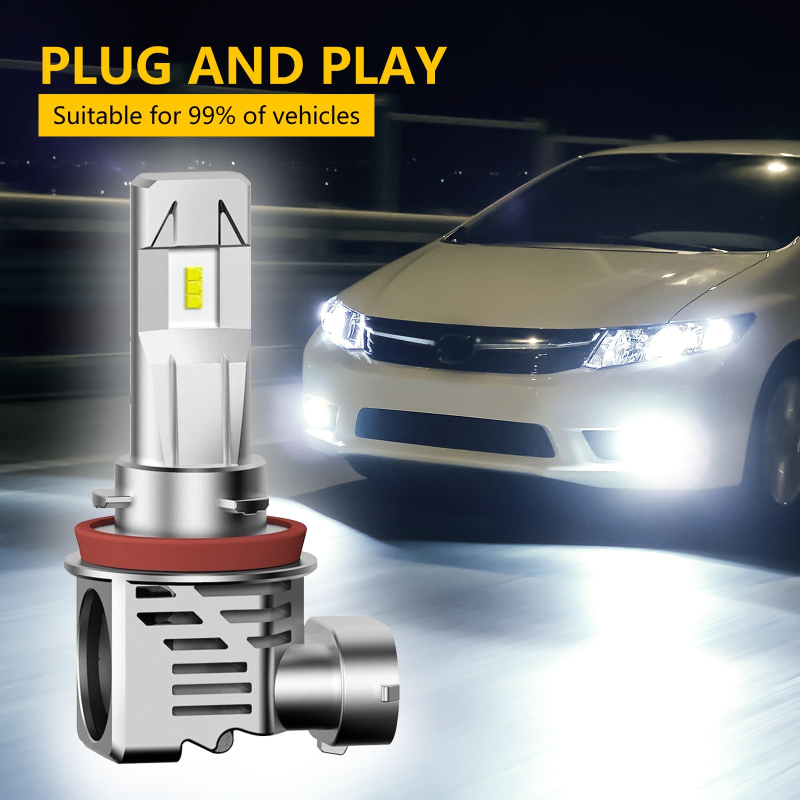cueclue 2 PCS Car 9005/HB3 Led Car Light, 6000K 4800LM Ultra-high Brightness 1:1 Mini Size Bulb Replacement, Direct Plug-in Integrated Fog Light, Universal Lighting Parts for Cars (White)