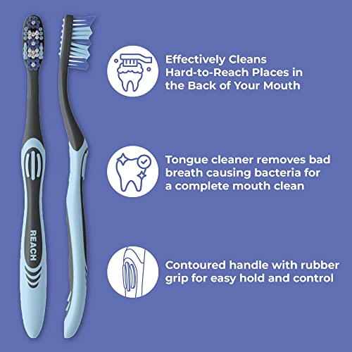 REACH Essentials Toothbrush with Toothbrush Caps, Multi-Zoned Angled Soft Bristles, Contoured Handle, Tongue Scraper, 6 Count (Pack of 1)