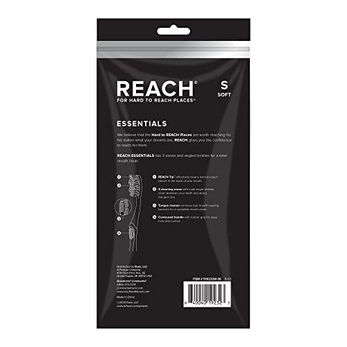 REACH Essentials Toothbrush with Toothbrush Caps, Multi-Zoned Angled Soft Bristles, Contoured Handle, Tongue Scraper, 6 Count (Pack of 1)