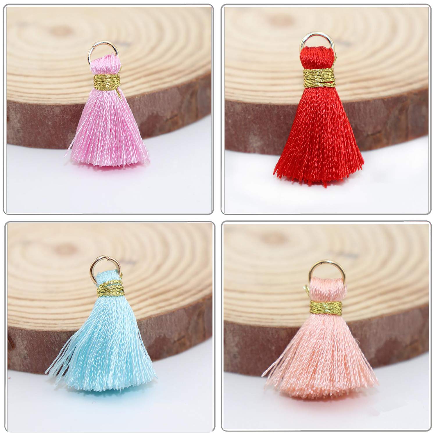Makhry 50pc 0.8''(2cm) Mini Soft Handmade Silky Floss Tassel with Gold Gold Jump Ring for Woman Earrings, Jewelry Making, Souvenir, DIY Craft Accessory (50, Random)
