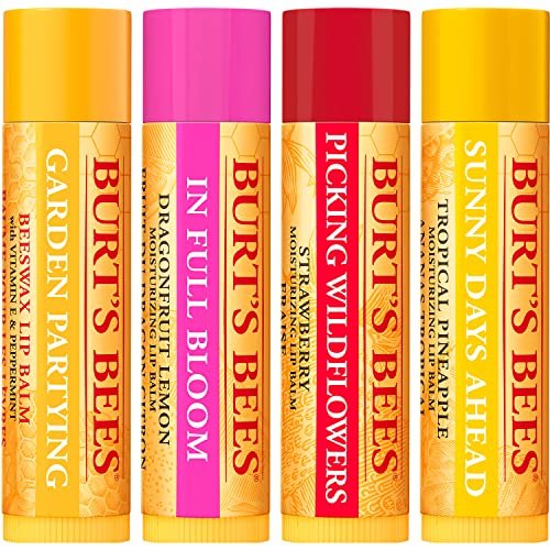 Burt's Bees Lip Balm Easter Basket Stuffers, Lip Care Gifts for All Day Hydration, In Full Bloom Set - Beeswax, Dragonfruit Lemon, Tropical Pineapple & Strawberry, 4 Pack (Packaging May Vary)