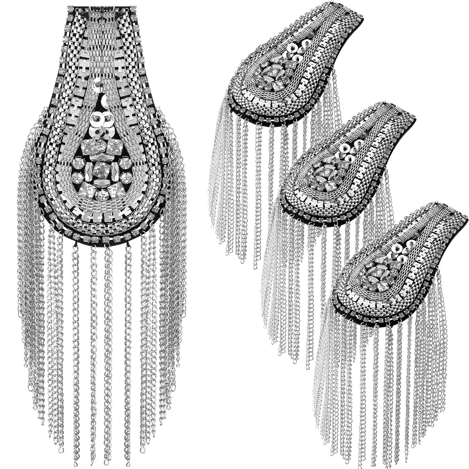 4 Pieces Metal Tassel Link Chain Epaulet Beaded Crystal Shoulder Boards Badge Punk Rivet Shoulder Jewelry Epaulettes Shoulder with Pins for Men and Women Uniform Accessories (Silver)