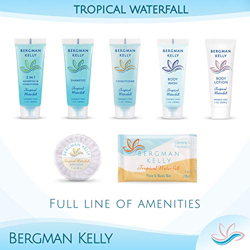 BERGMAN KELLY Hotel Toiletries Bundle (Tropical Waterfall, 1 oz each, 100 Pcs) 4-Piece Set: 25 Rectangular Bar Soap, 25 Shampoo, 25 Conditioner & 25 Body Lotion - Bulk Mini Guest Amenities Supply