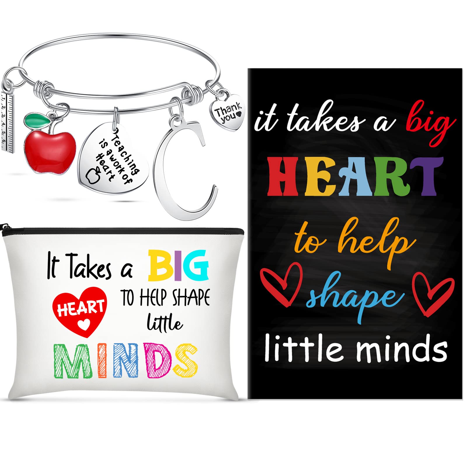 Kenning 3 Pcs Teacher Appreciation Week Gifts Set Include Inspirational Notebook with Quote, Zippered Makeup Bag and Bracelet with Initial for Teacher Week, Birthday, Back to School(Letter C)