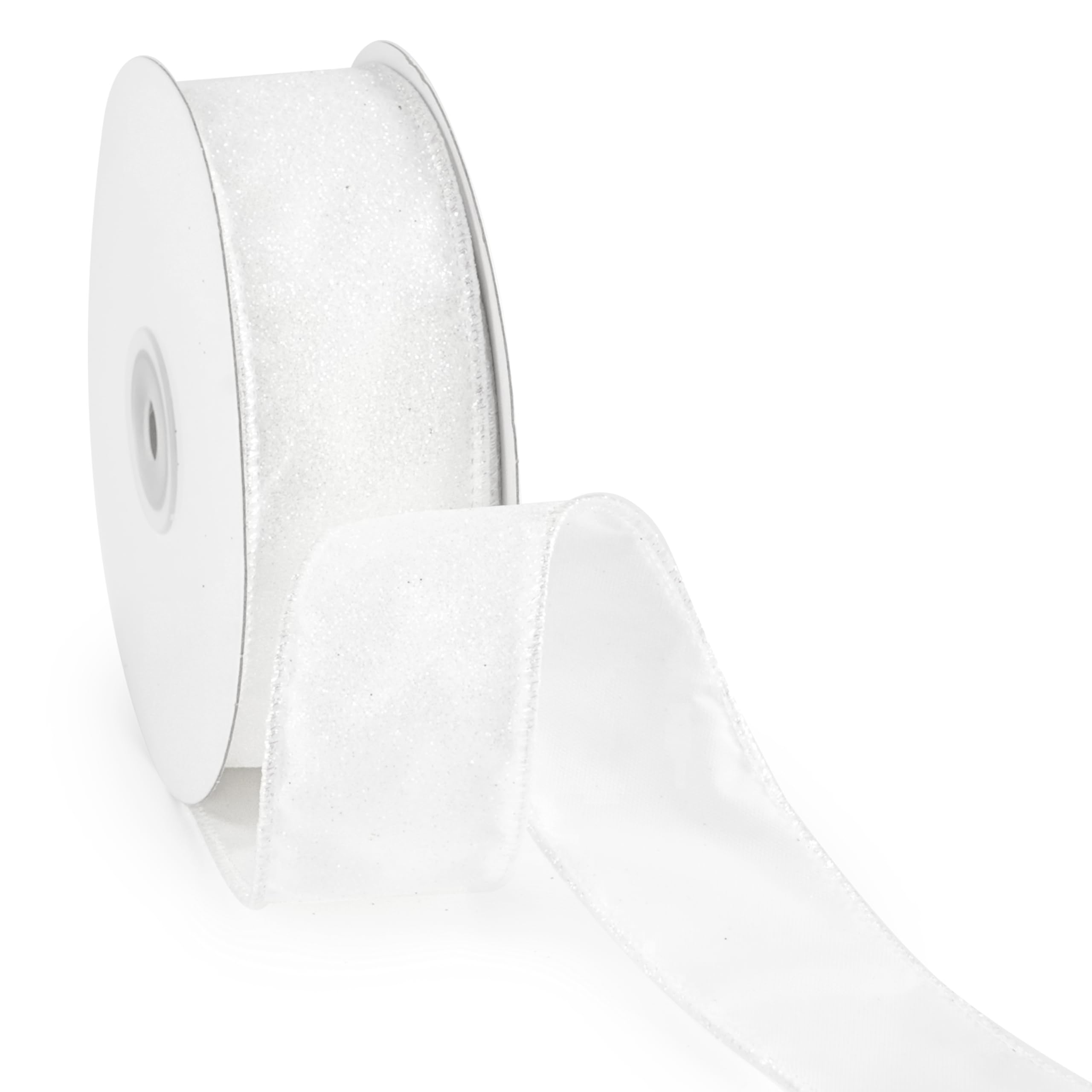 MAYREEL 1.5 Inch White Ribbon Wired Light White Glitter for Christmas Decorations Gift Wrapping Wreath Supplies Tree Toppers Crafts 10 Yards