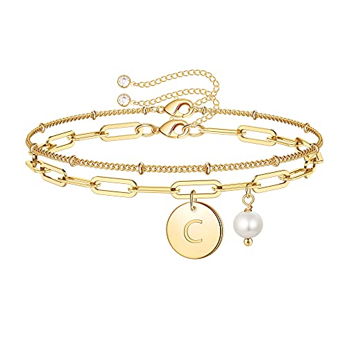 Gold Pearl Initial Bracelets for Women, 14K Gold Plated Layered Letter C Initial Bracelet Dainty Bead Charm Bracelets for Women Valentines Mother's Day Christmas Gifts for Women Gold Jewelry