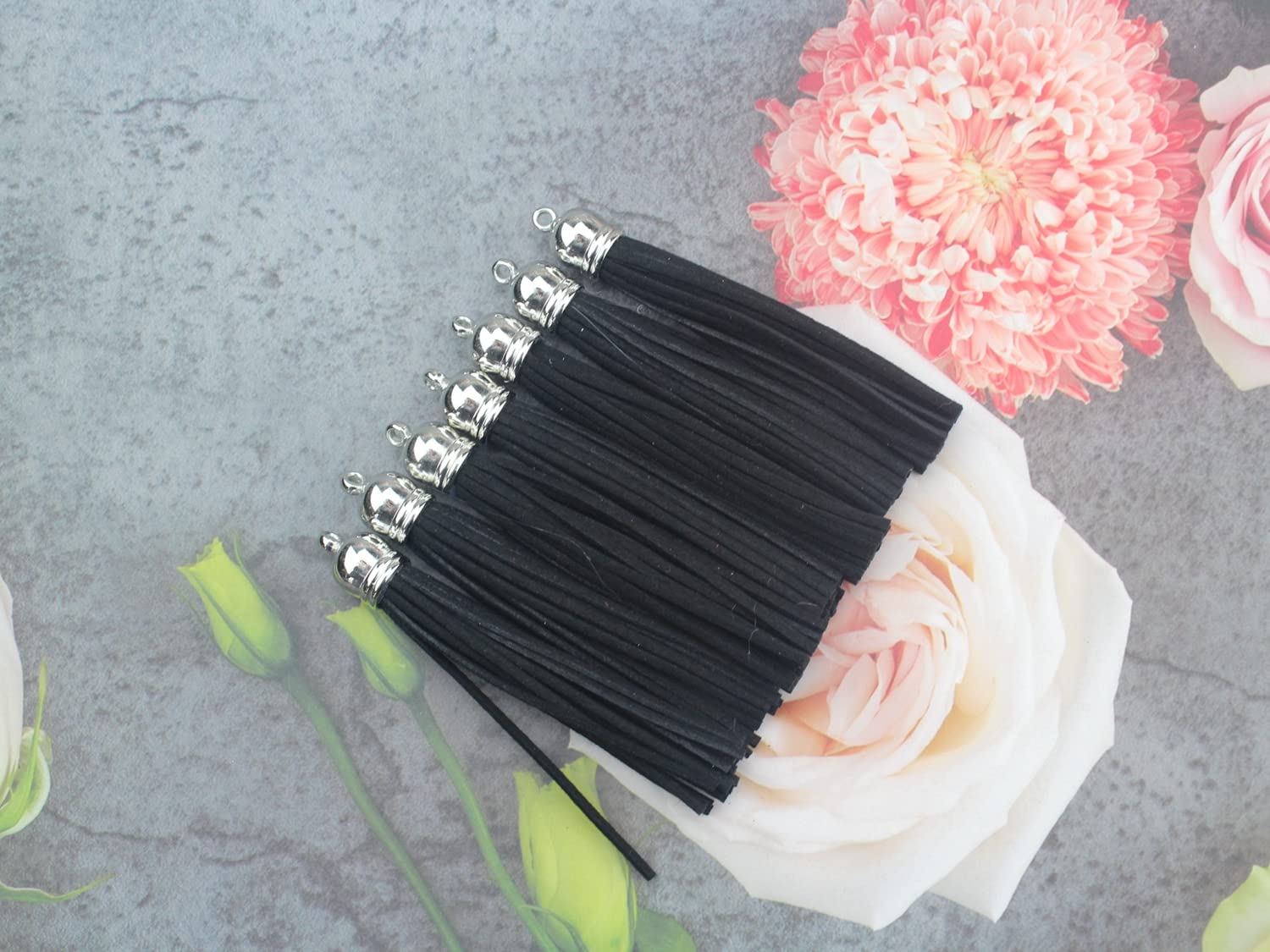 20 Silver 3-1/2 Inch Faux Suede Tassel Charm Keychain Cellphone Straps D451 (Black)