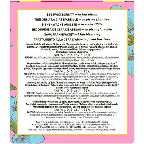 Burt's Bees Lip Balm Easter Basket Stuffers, Lip Care Gifts for All Day Hydration, In Full Bloom Set - Beeswax, Dragonfruit Lemon, Tropical Pineapple & Strawberry, 4 Pack (Packaging May Vary)