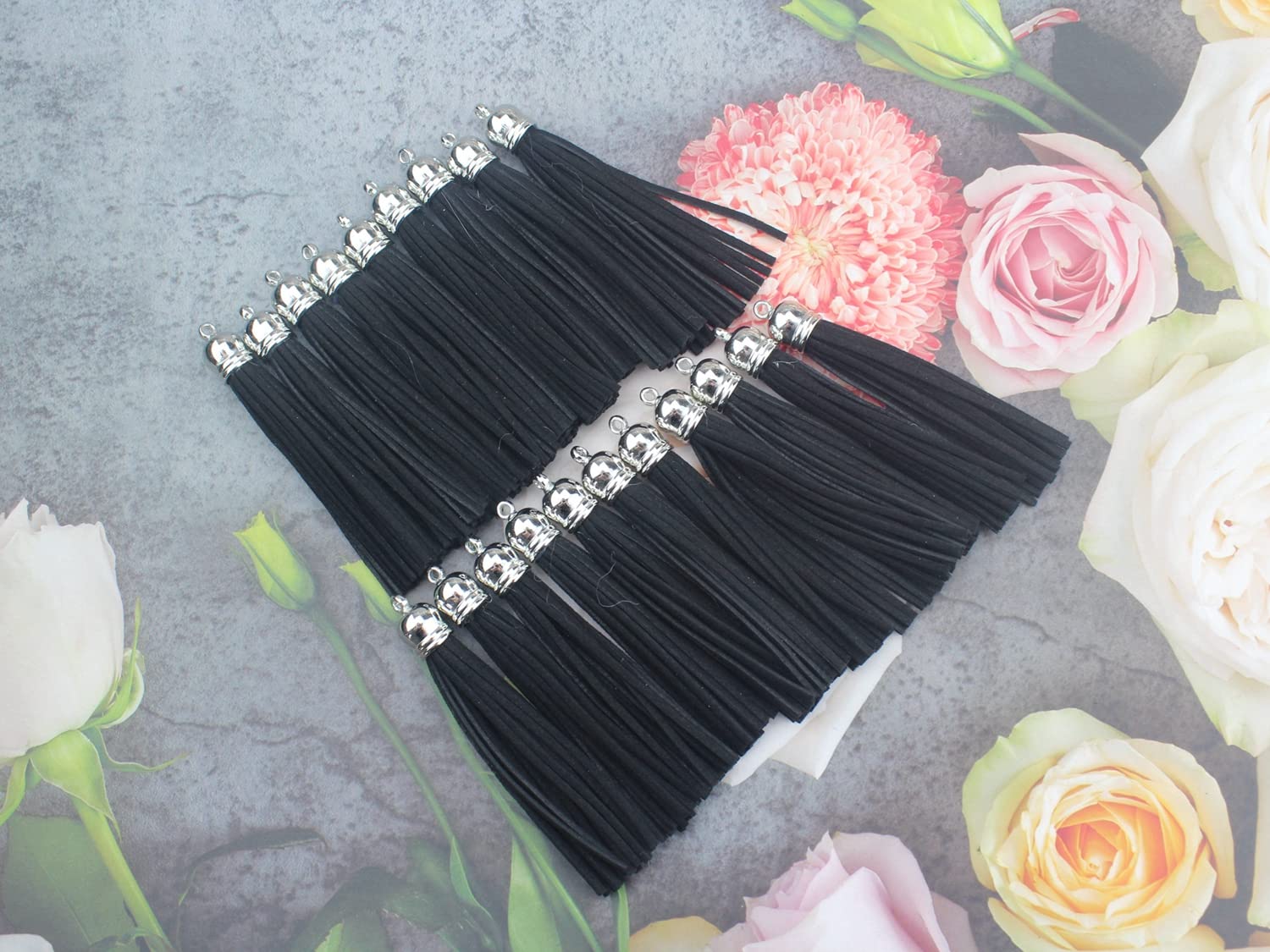 20 Silver 3-1/2 Inch Faux Suede Tassel Charm Keychain Cellphone Straps D451 (Black)