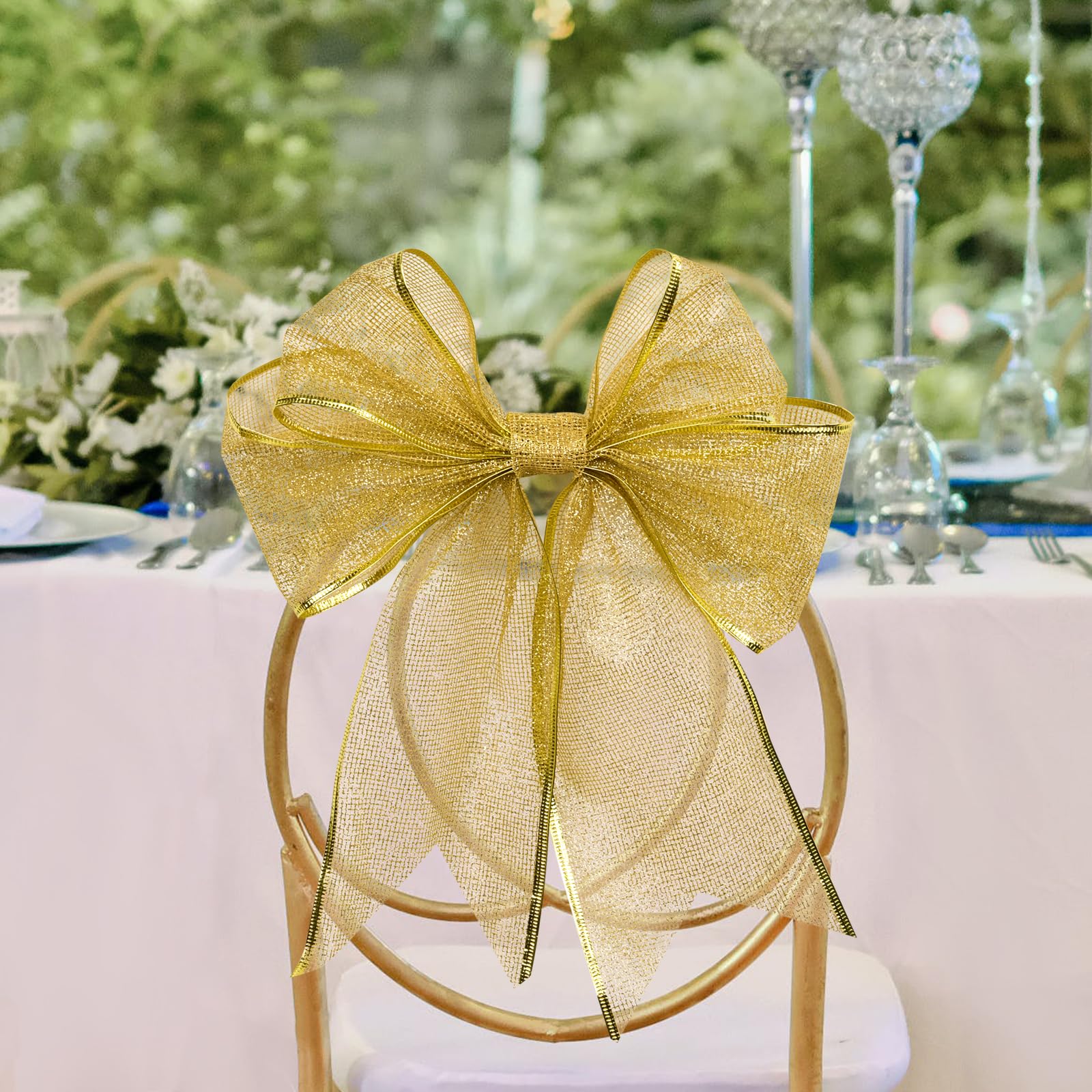 PAPER FAIR 1 Roll 4 Inch Wide 10 Yd Gold Glitter Wired Ribbon, Metallic Gold Mesh Wired Edge Ribbon for Christmas Tree Décor, Gift Wrapping Box, Bows, Wreath, Garland, DIY Craft