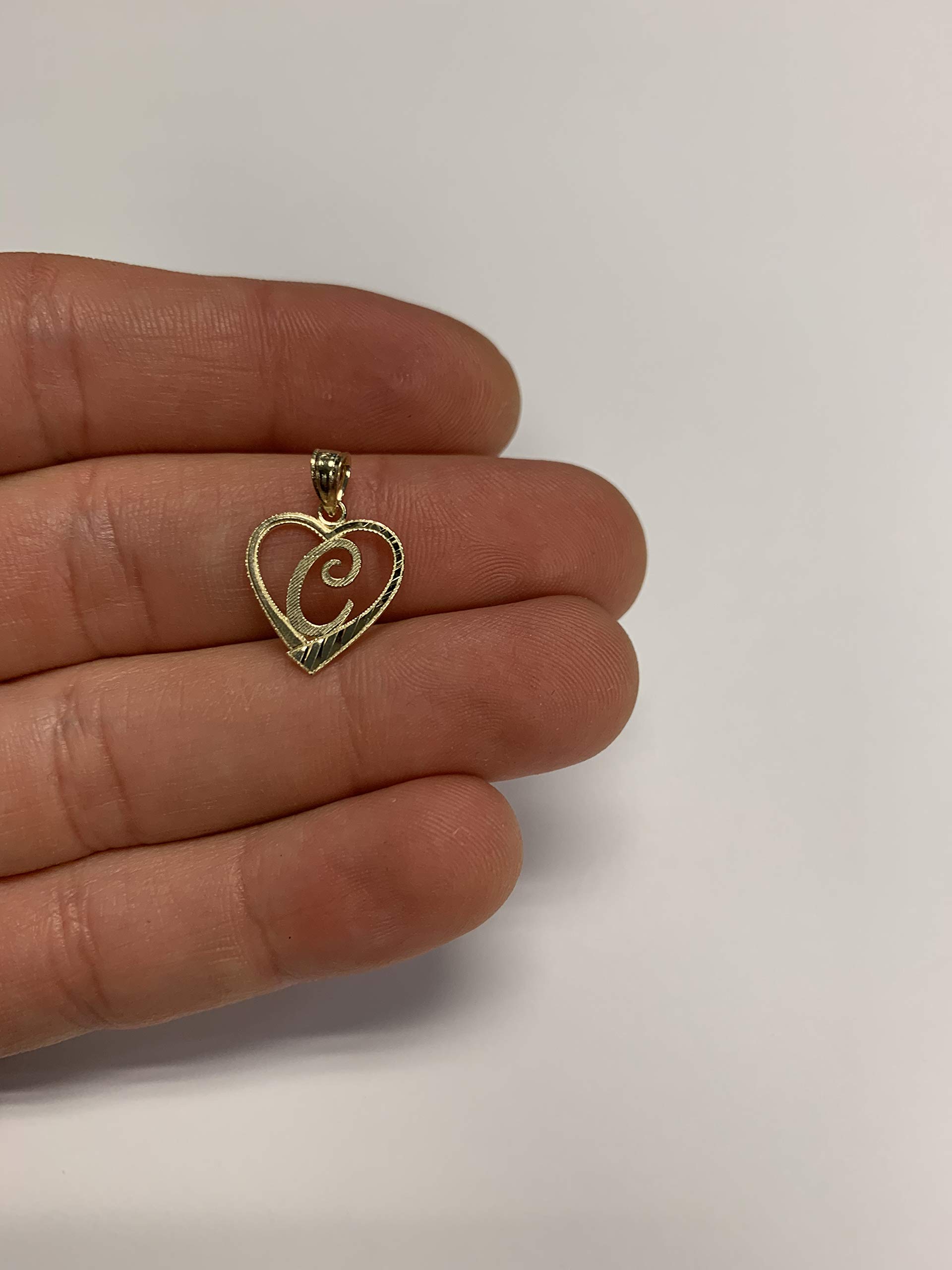 Ice on Fire Jewelry 10k Solid Gold Initial Pendant in Heart Frame with Diamond Cut Finish, Available in Different Letters of Alphabet Personalized Charm for Women (C)