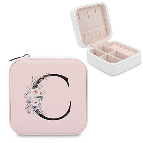 Boho Floral Watercolor Letter C With Leaves Berries And Flowers In Blue Lavender And Pink Leather Travel Jewelry Box,Small Mini Portable Jewelry Holder for Ring,Pendant,Earring,Necklace,Bracelet Organ