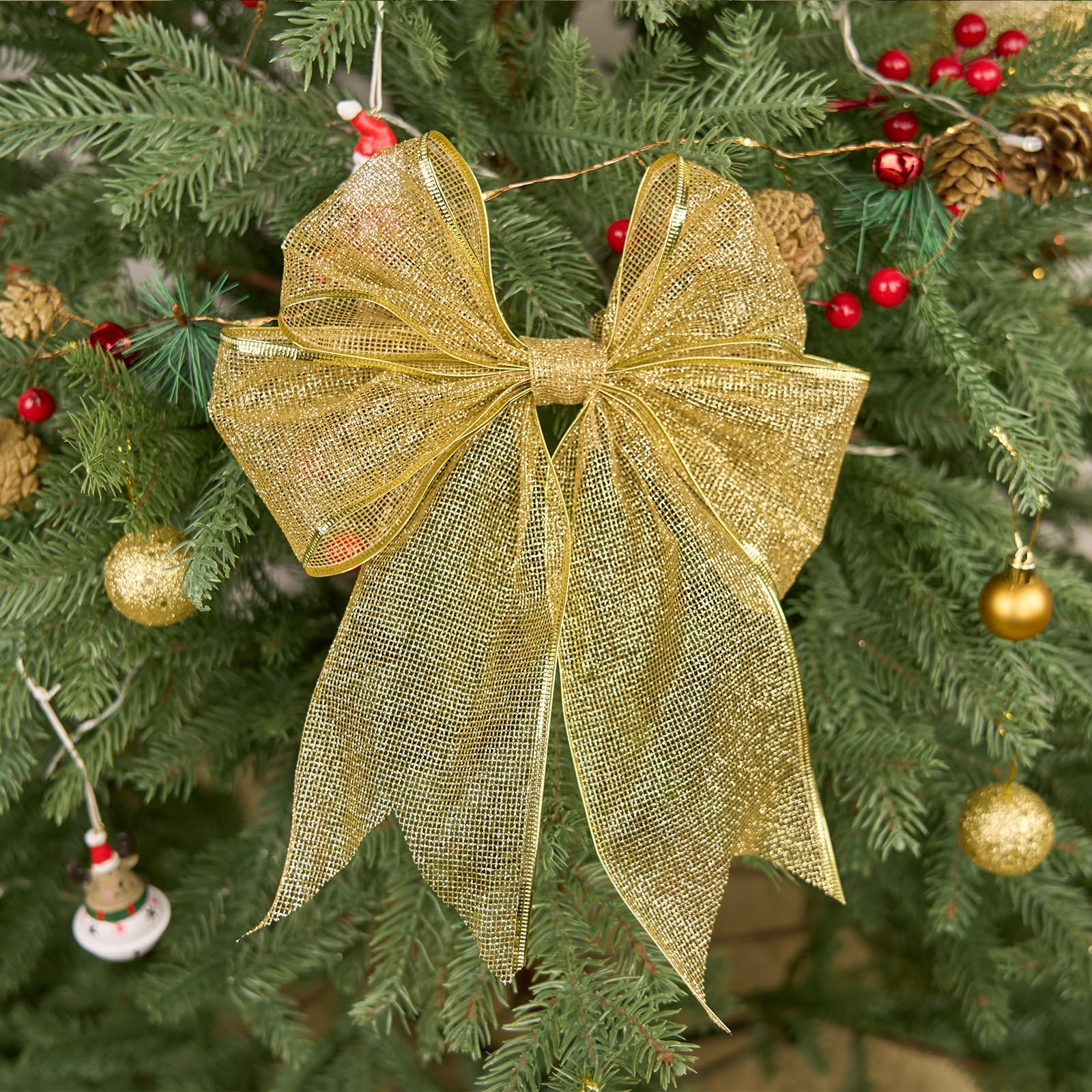 PAPER FAIR 1 Roll 4 Inch Wide 10 Yd Gold Glitter Wired Ribbon, Metallic Gold Mesh Wired Edge Ribbon for Christmas Tree Décor, Gift Wrapping Box, Bows, Wreath, Garland, DIY Craft