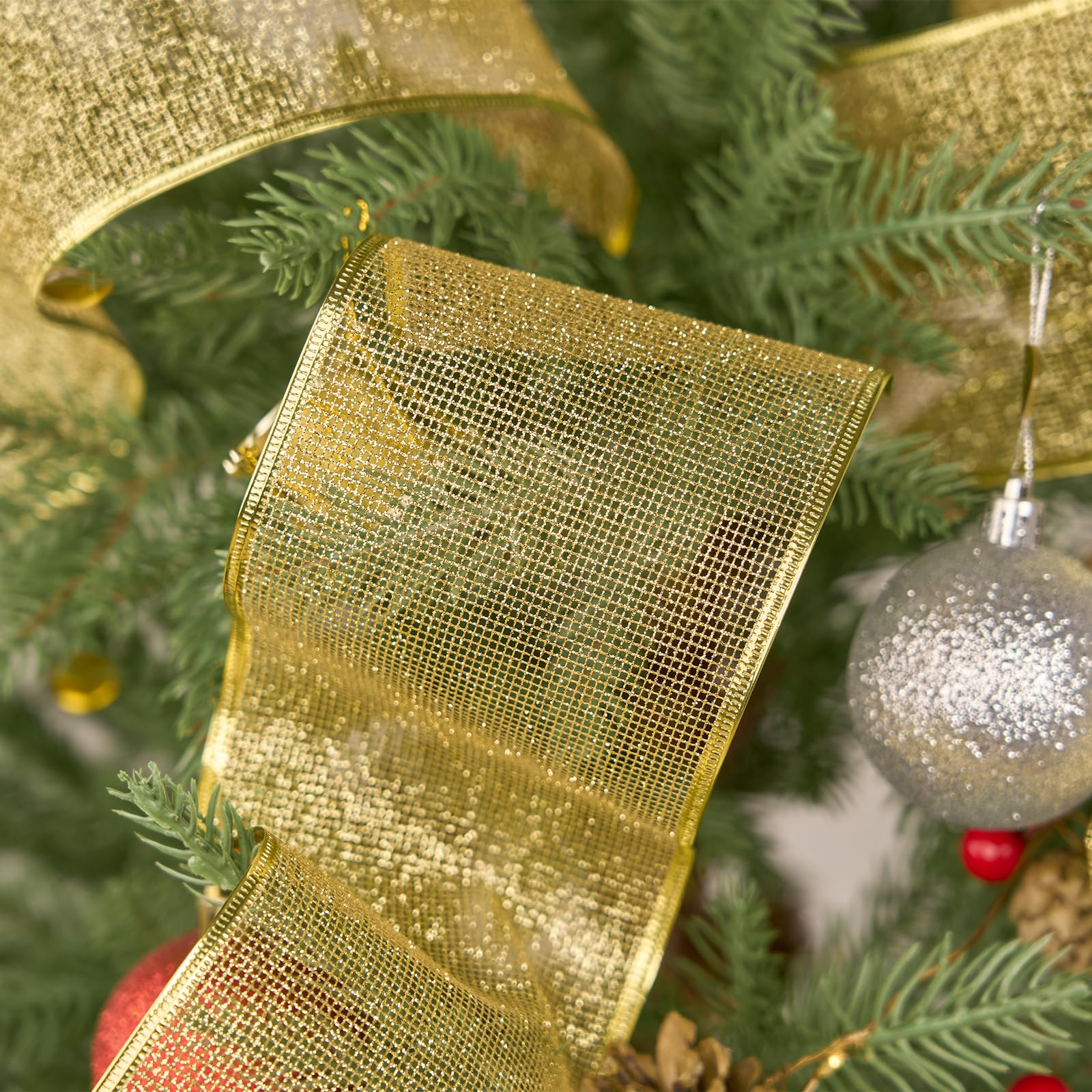 PAPER FAIR 1 Roll 4 Inch Wide 10 Yd Gold Glitter Wired Ribbon, Metallic Gold Mesh Wired Edge Ribbon for Christmas Tree Décor, Gift Wrapping Box, Bows, Wreath, Garland, DIY Craft