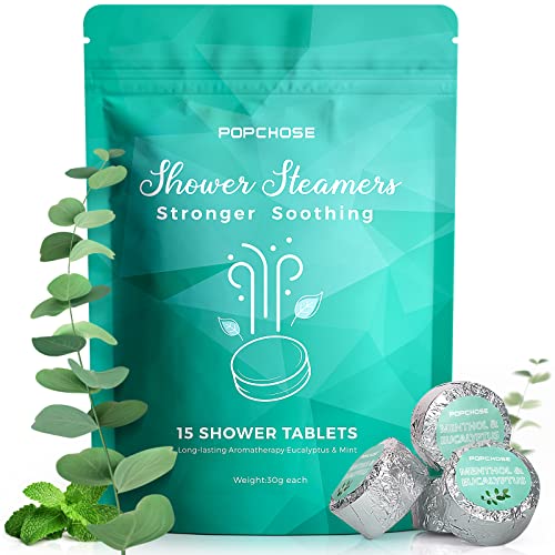 POPCHOSE Shower Steamers Aromatherapy - 15 Pack Eucalyptus Mint Shower Tablets Stress Relaxation Self-Care Shower Bombs with Essential Oils, Quick Relief Nasal Congestion Gifts for Women & Men