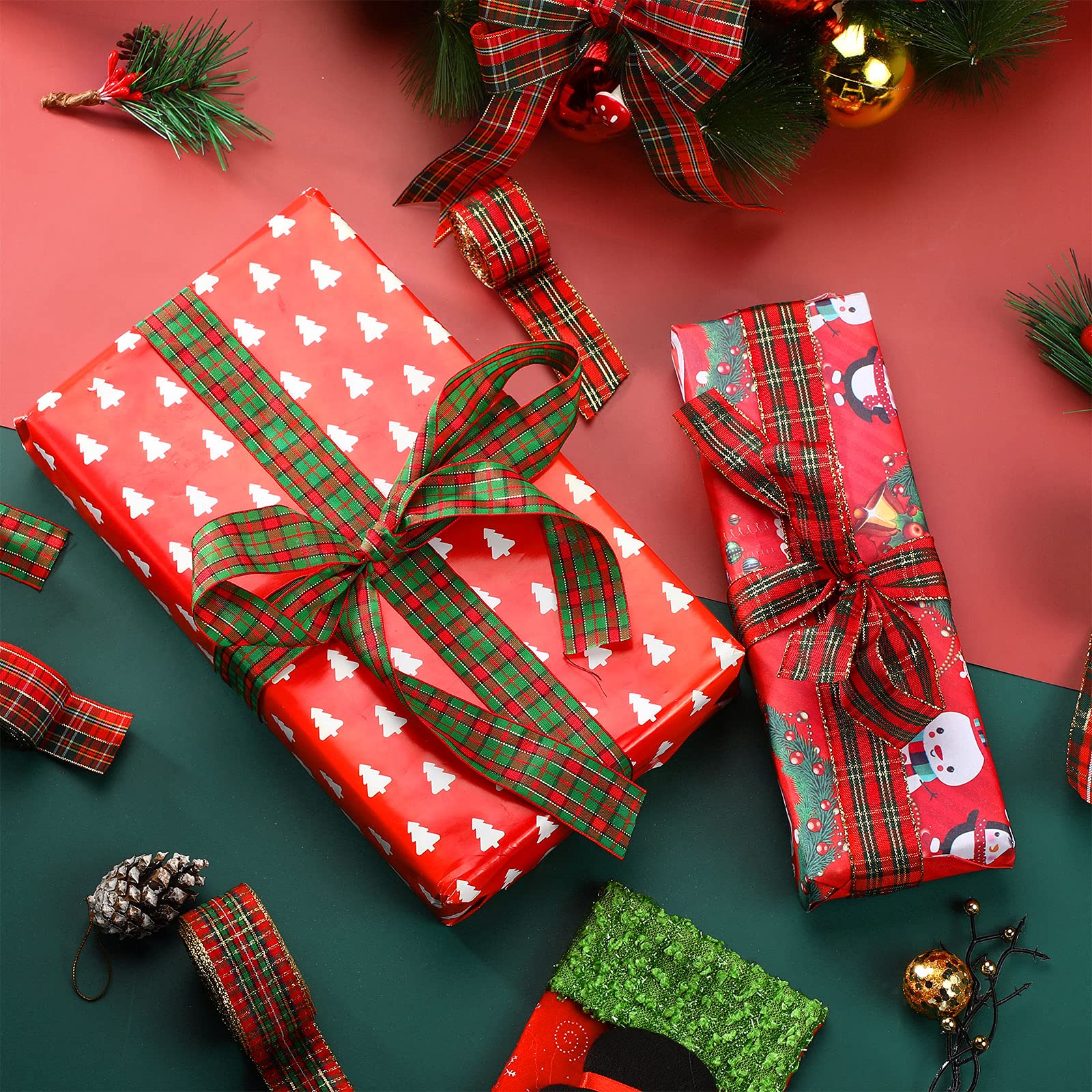 Tatuo 5 Rolls 30 Yards Christmas Red Plaid Ribbon Gingham Check Wired Edge Wrapping Ribbon Tartan Decor for Christmas DIY Crafts Present Wrapping Gift Home Decorations Bows(1 Inch Wide)