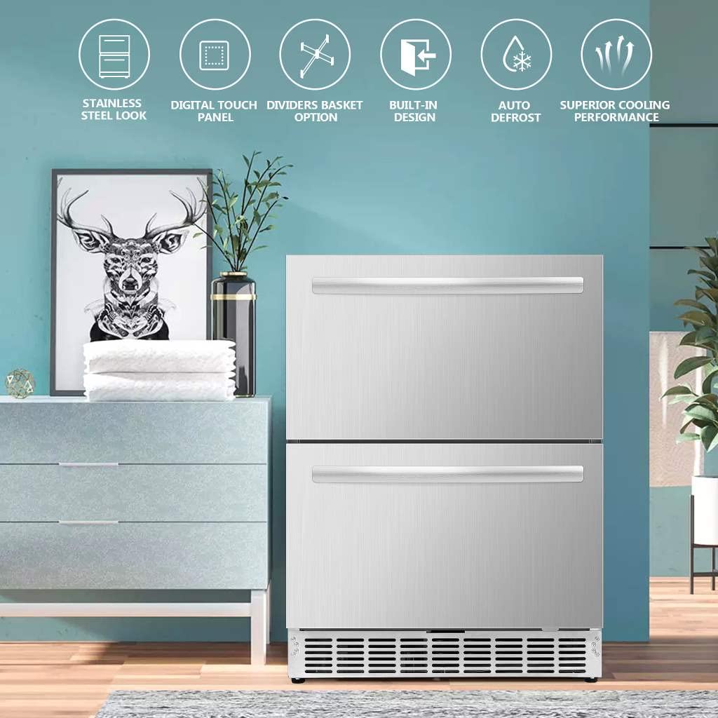 ICEJUNGLE Indoor and Outdoor Refrigerator, Digital Touch LED Display Under Counter 24'' Built-in Beverage Refrigerator Double Drawer Fridge Stainless Steel Silver