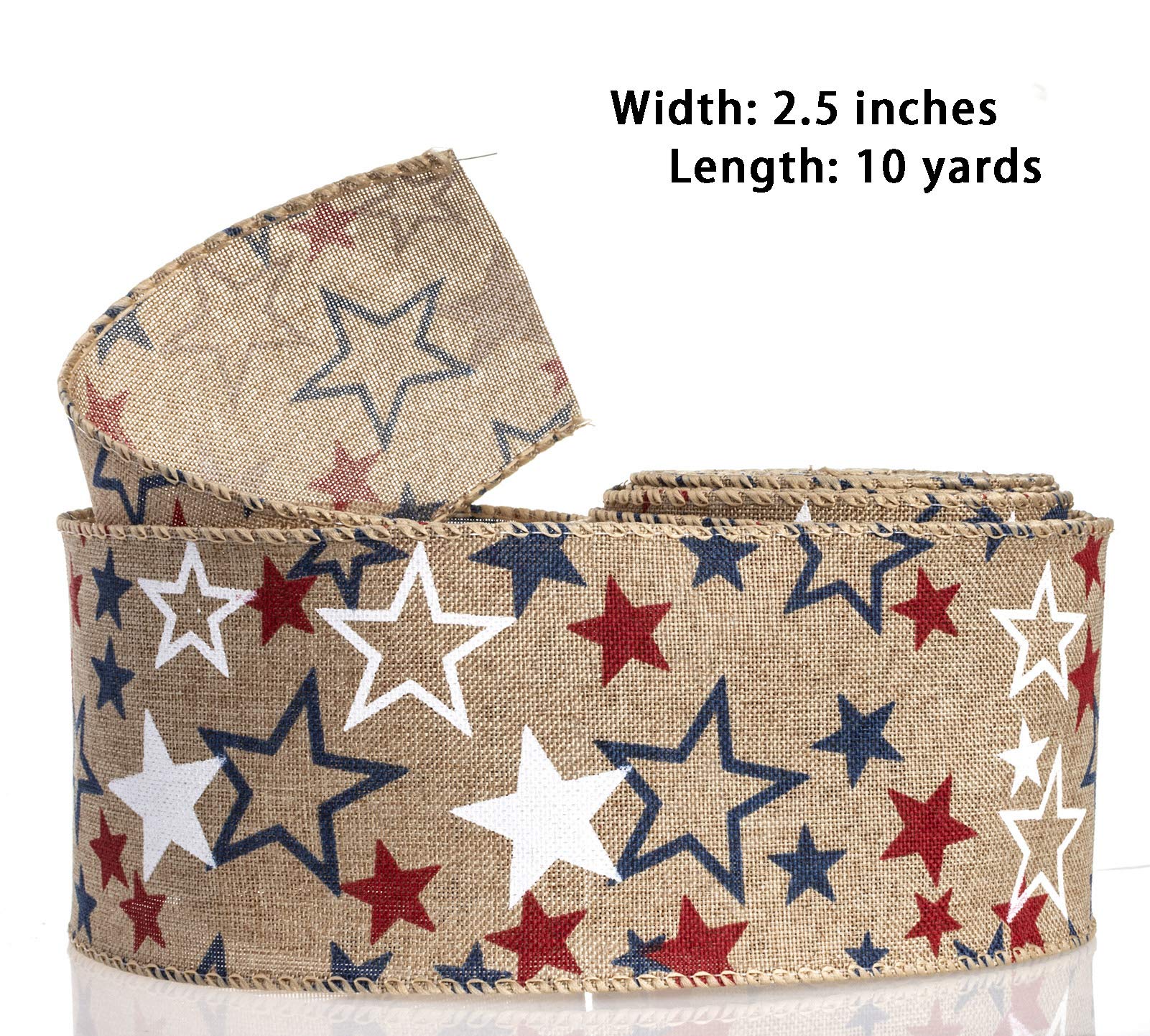 Red White Blue Stars Pattern Wired Edge Burlap Ribbon, 10 Yards by 2.5 Inches (Style 3)
