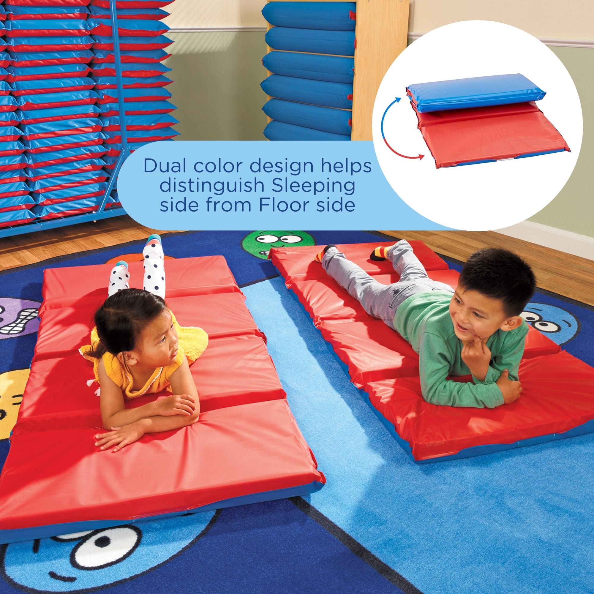 Children’s Factory 2 Inch Thick Rest Mats for Preschool, 4-Section Nap Mats for Daycare, Nursery, Classroom, Red-Blue, 5 count (Pack of 1)