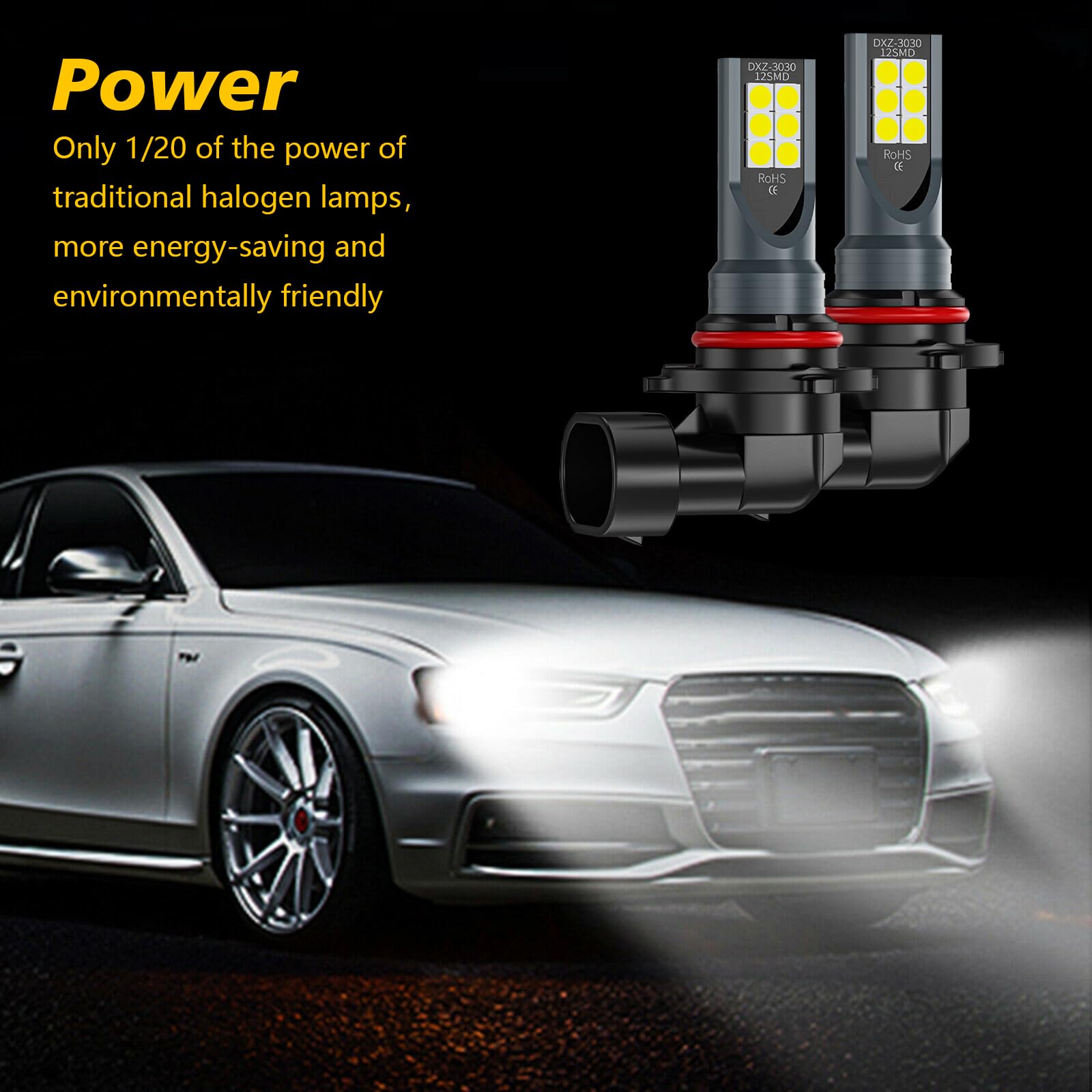 GKmow 2 PCS 9005 Car Fog Light Bulb, 3030 12SMD 50000H 6000K High Brightness Stable Light Source Reversing Light, 1500LM 360° Lighting Tail Light, Suitable Most Car Models (White) (GKQZD2001WH-9005)